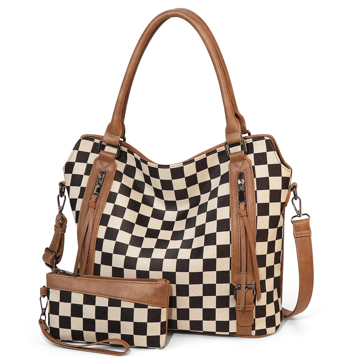 Checkered Carryall Hobo Tote with Pouch Shoulder & Crossbody | Ounamei ...